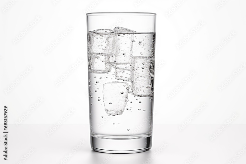 A clear glass filled with chilled water and ice cubes, condensation forming on the outside ...