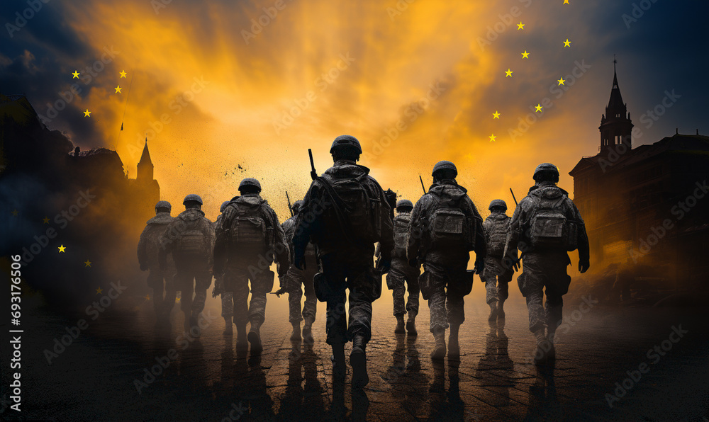 War Concept. Military silhouettes fighting scene on war fog sky ...