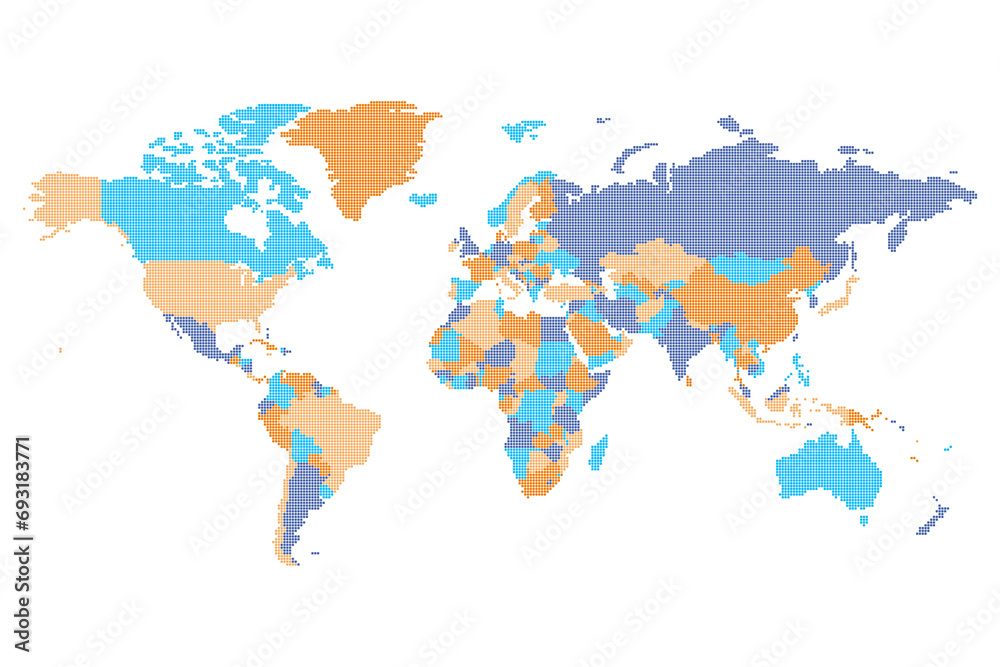 Dotted Political World Map - pixel mosaic of rounded squares. Four ...