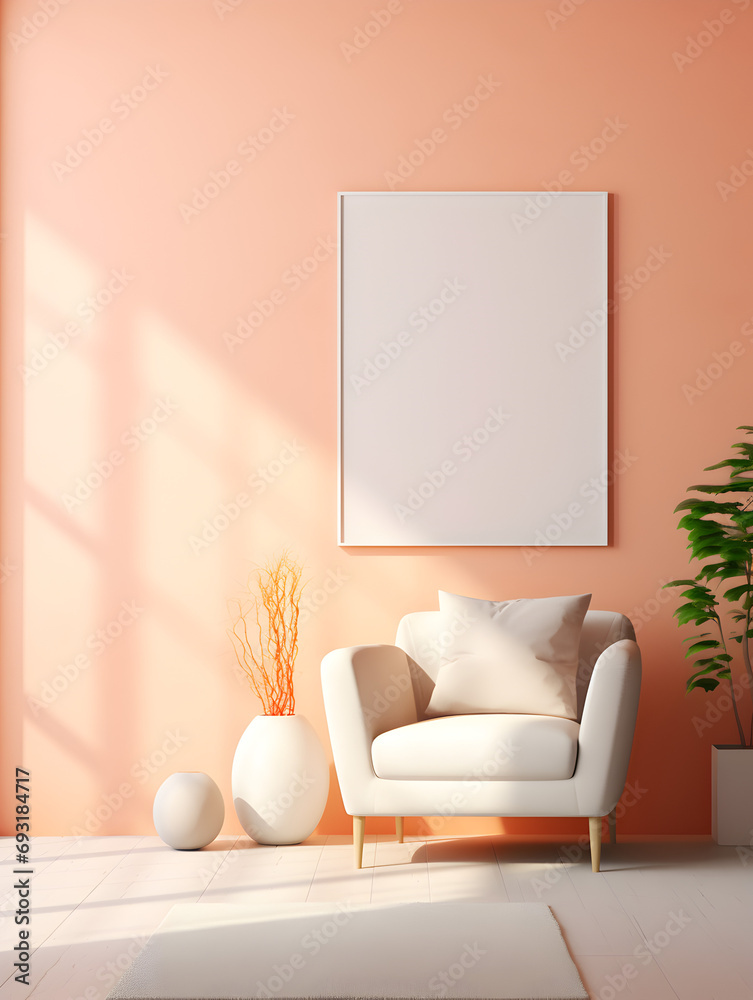 Interior design with a modern armchair in beige and pastel peach fuzz ...