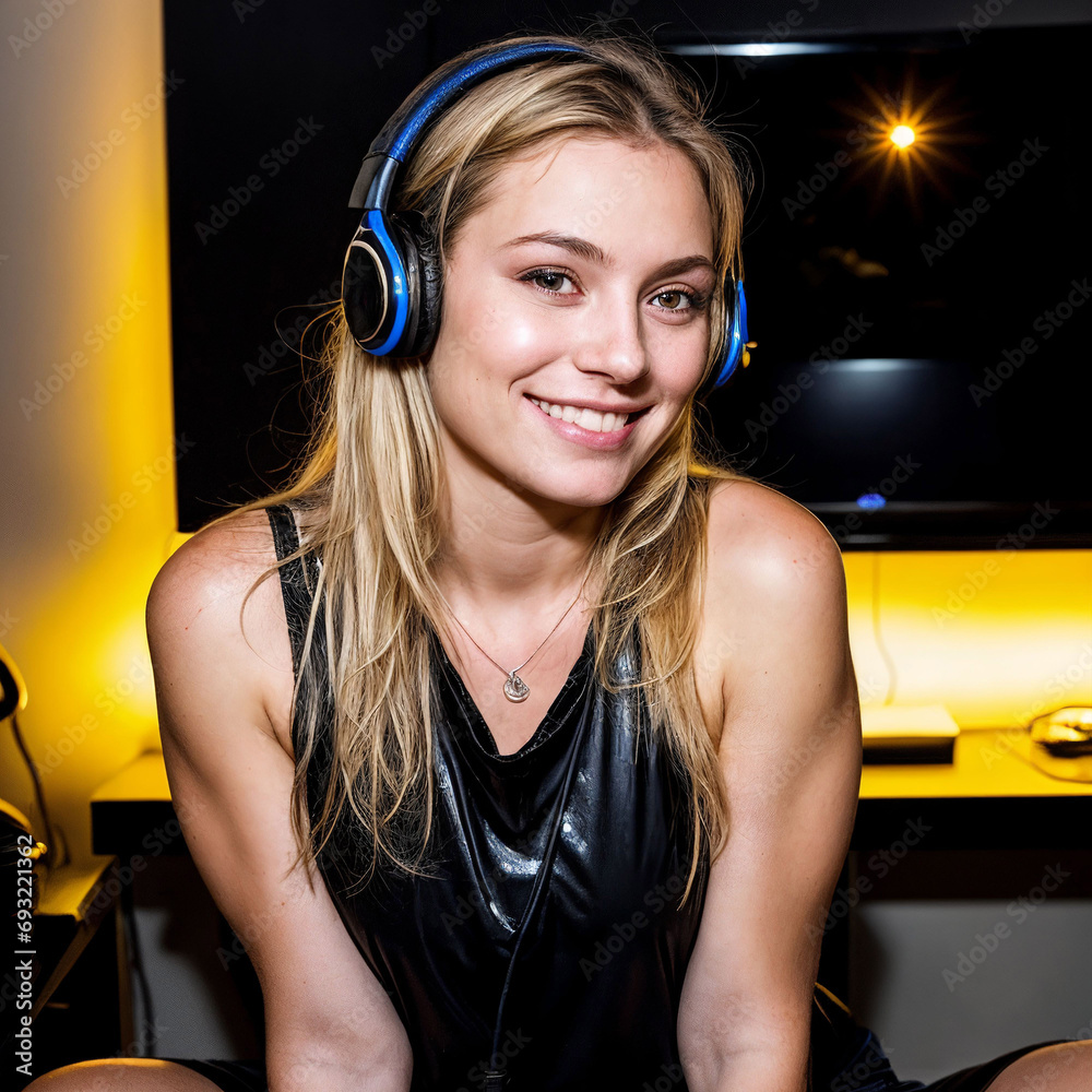 hot attractive gamer girl live streaming on twitch playing modern ...