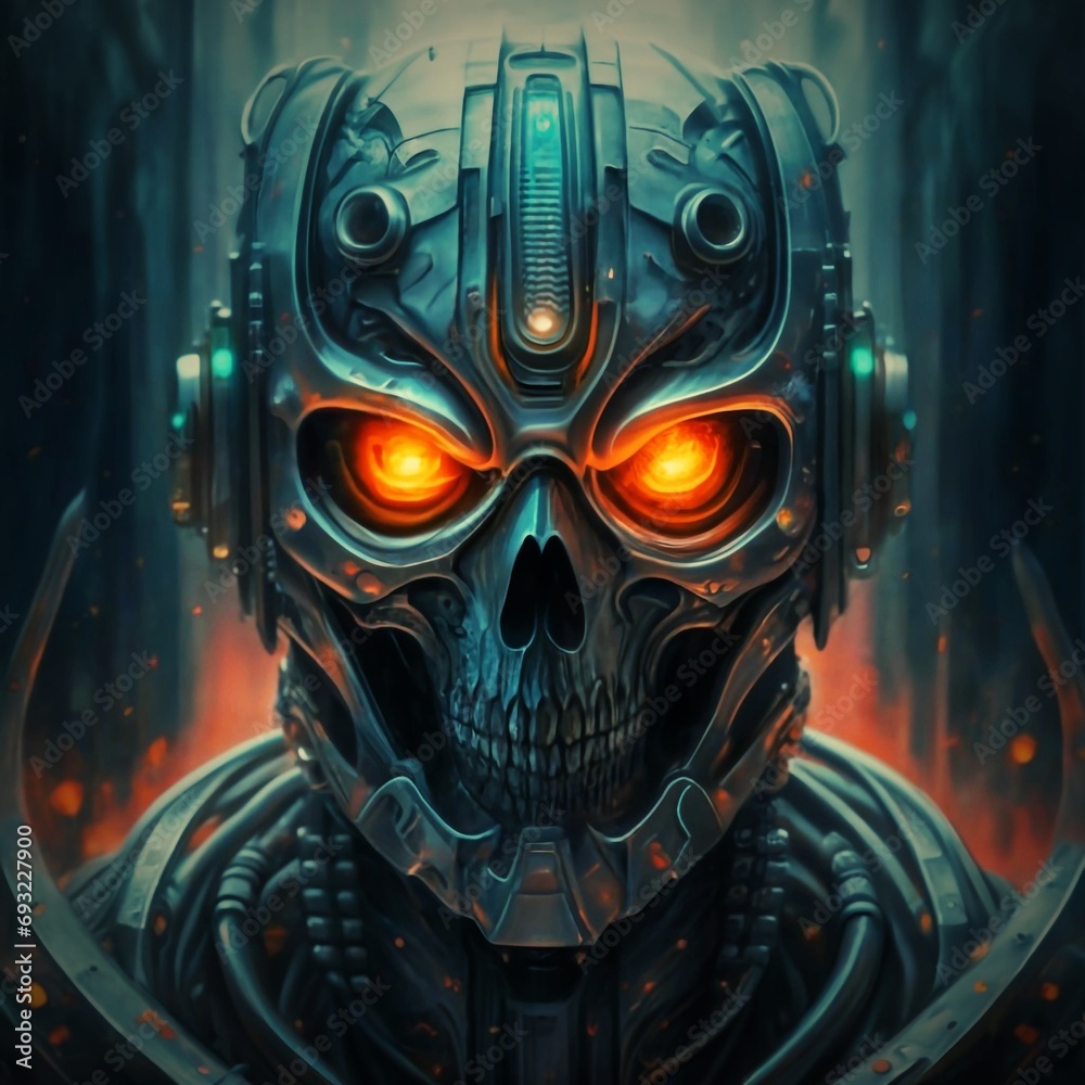 Robot Skull Cyborg Head Machine Science industrial. A realistic silver ...