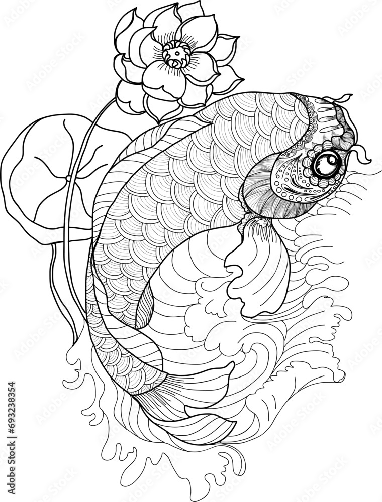 hand drawn koi fish in circle, Japanese carp line drawing coloring book ...