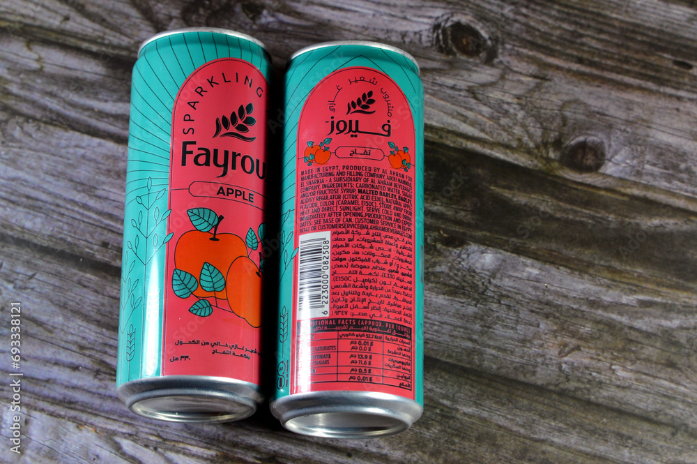 Cairo, Egypt, December 13 2023: Fayrouz Apple malt drink can, natural ...