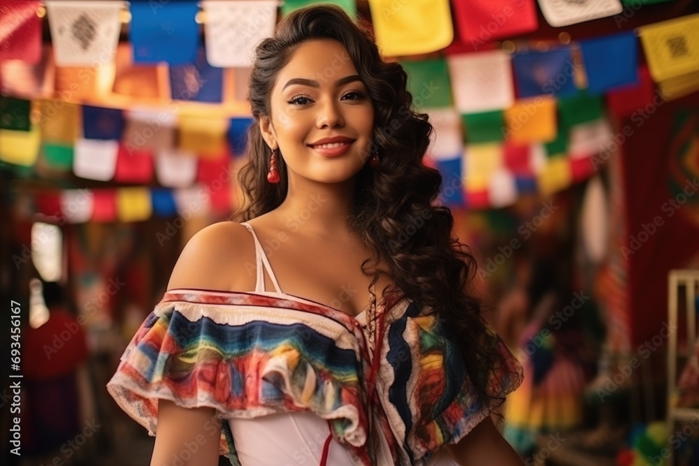 mestizo woman with asian traits wearing traditional dress for the festa ...