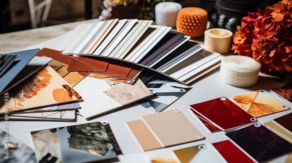 Stylish designer workspace with paint color swatches and furniture ...
