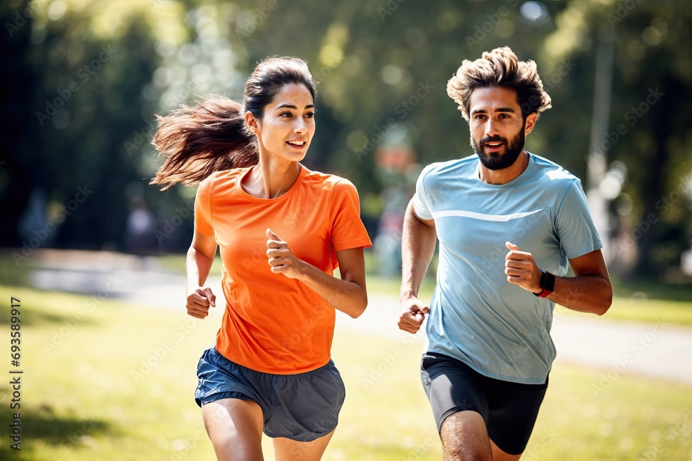 couple de sportif en train de faire une course pédestre en pleine ...