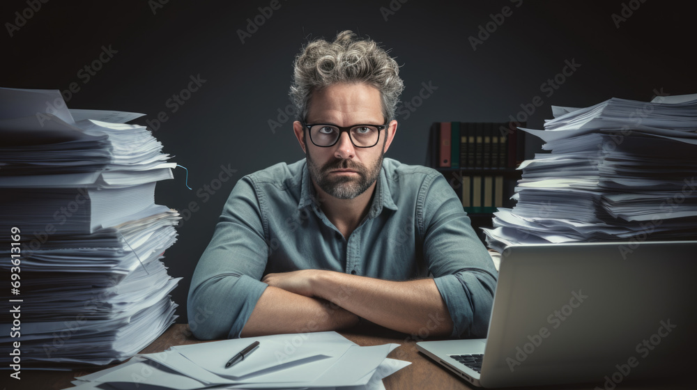 Man looking overwhelmed and stressed while sitting at a desk piled high ...