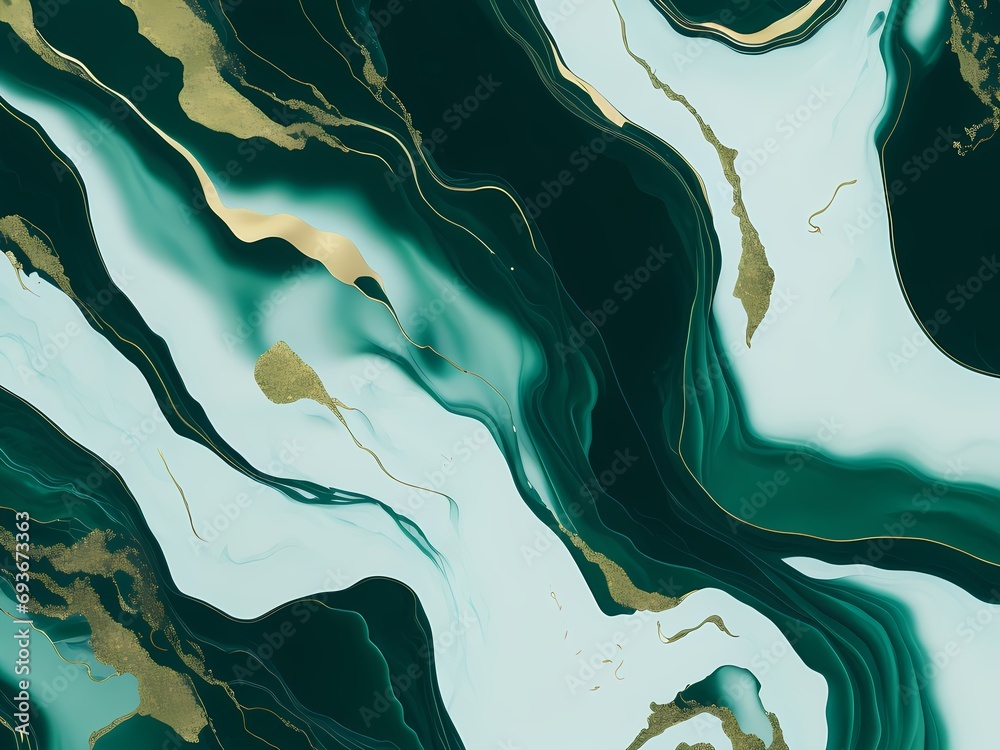 Green marble watercolor background with gold glitter, liquid flow ...