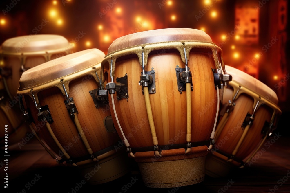 Conga drums arranged on a stage under dramatic lighting ready for a ...