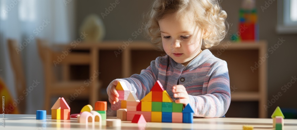 Preschooler engages in block puzzle play, fostering cognitive ...