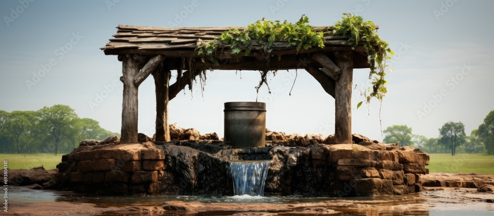 Photography of an ancient well with a roof, clean water in a large ...