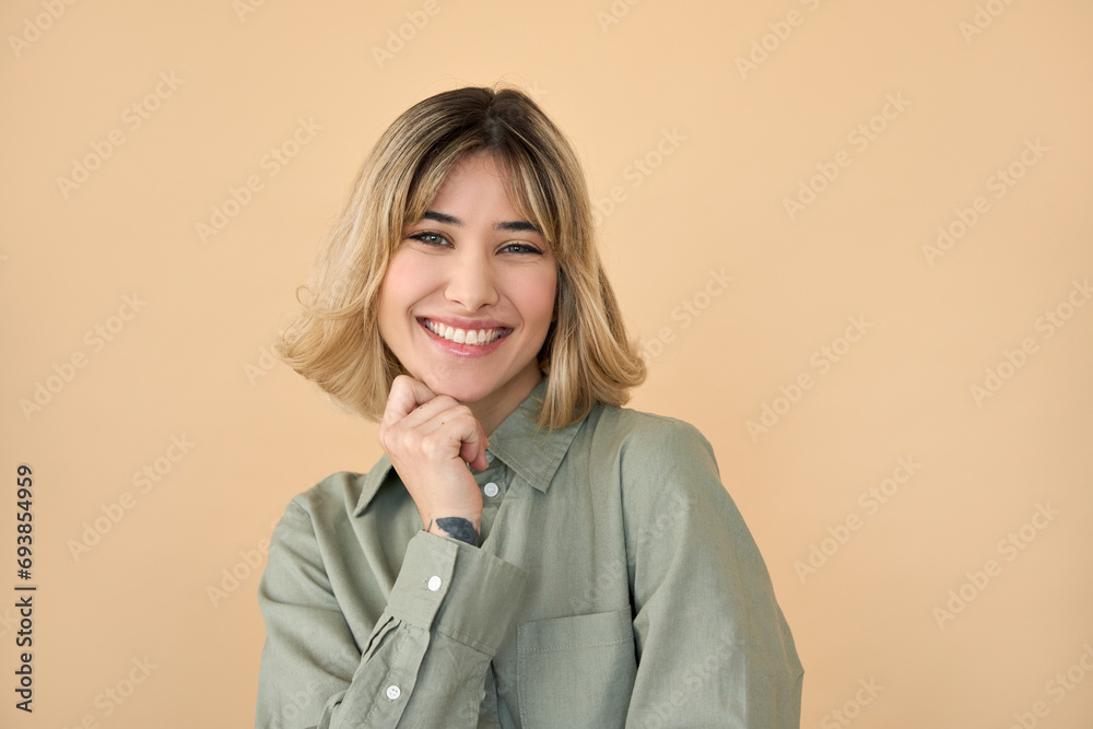 Happy pretty gen z blonde young woman, cute 20s european student girl ...