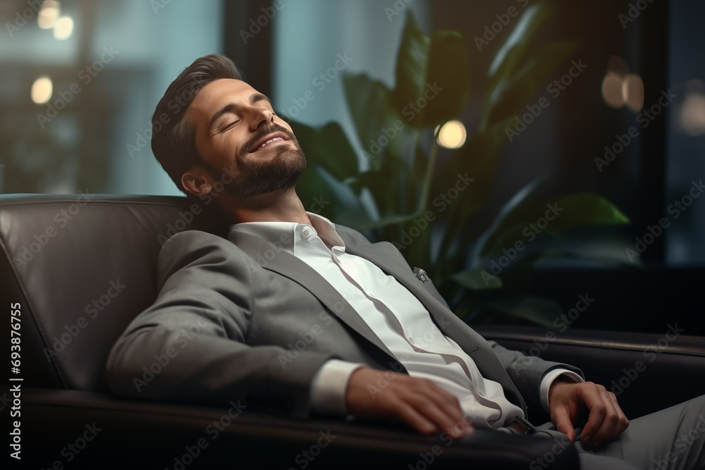 The businessman lay down on a chair in the office to take a break from ...