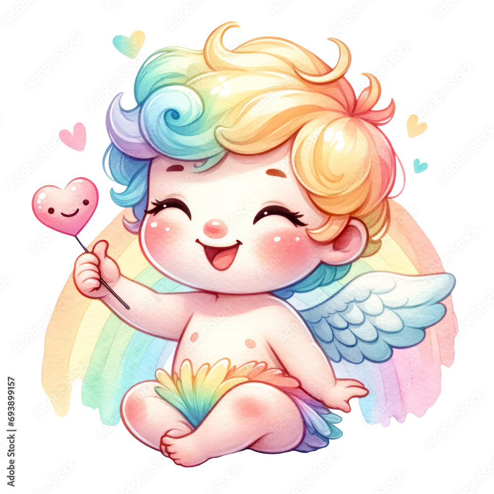 Cupid Rainbow Watercolor Nursery Hand drawn Style Clipart PNG ...