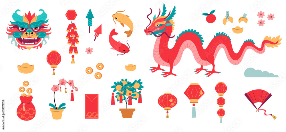 Dragon Lunar New Year illustration set. Chinese New Year elements ...