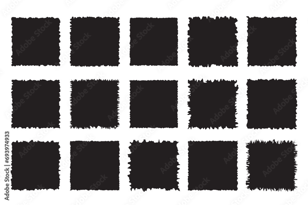 Torn paper frames with rough edges vector set. Black square shapes with ...