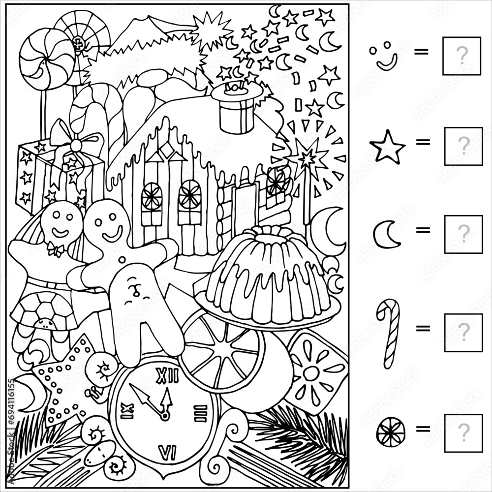 Christmas game. Find and color hidden objects in the picture and count ...