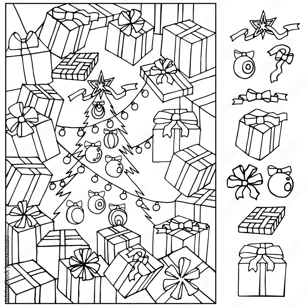 Christmas game. Spruce and many gifts boxes around. Find and color ...