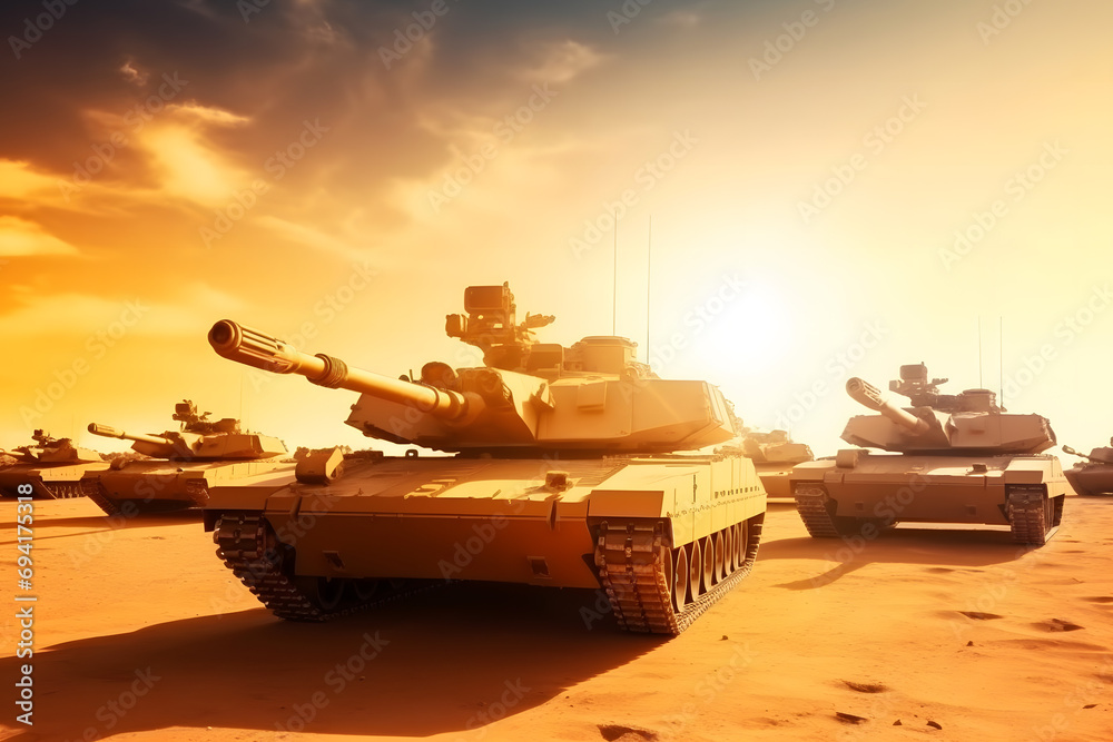 Group of main battle tanks with a city on fire on the background. One ...