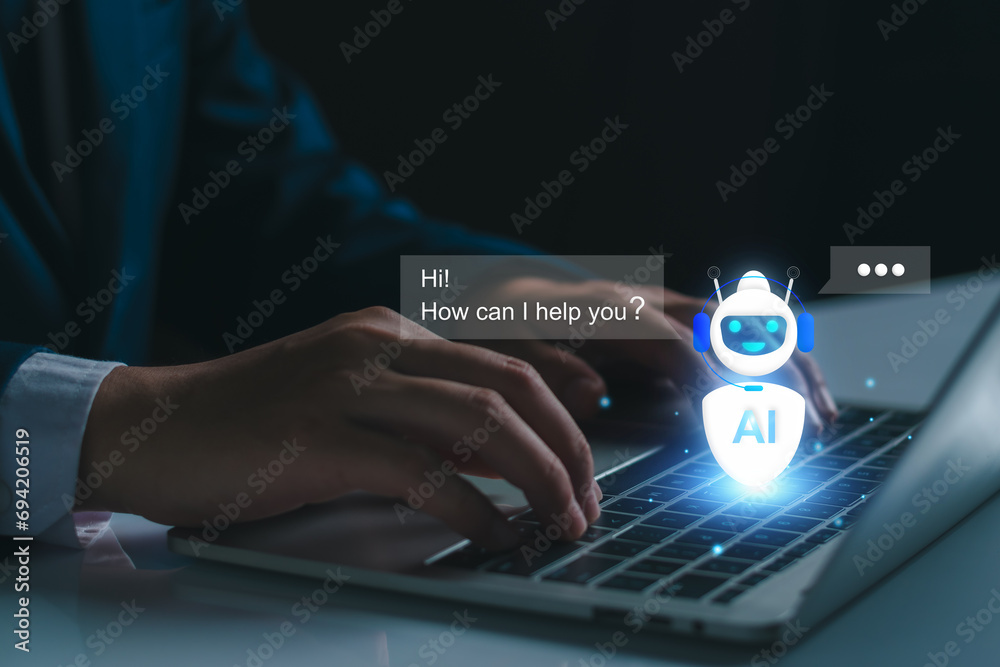 Chat robot ai assistant concept. Businessman show command prompt to ...