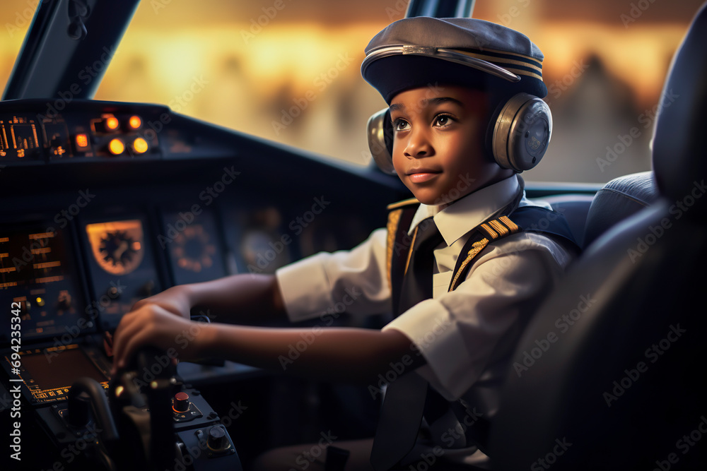 Generative AI illustration of a cute little boy dressed as an aviation ...