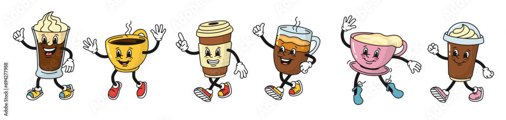Cartoon coffee drinks mascots. Cups of espresso, cappuccino and latte ...