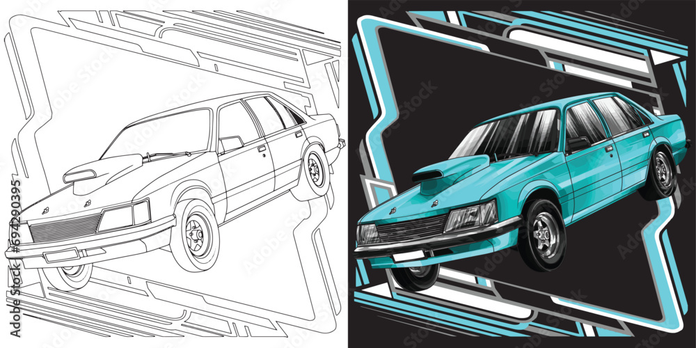 outline and painted racing car illustrations isolated in black ...