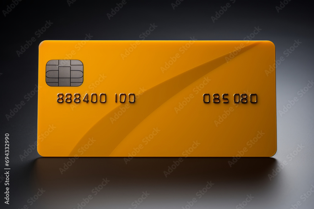 Blank credit card with microchip on grey background. Image of yellow ...