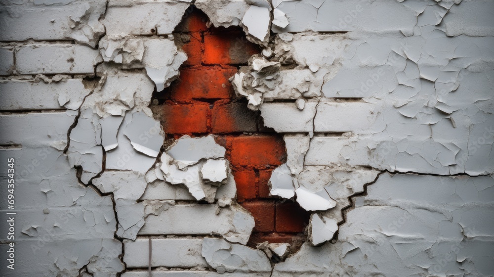 Destroyed, cracked wall. Falling off plaster, a gap in the wall with ...