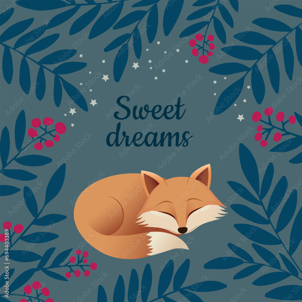 Cute fox sleeping in a forest, child vector greeting card design with ...
