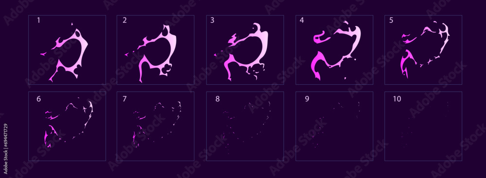 Purple Sprite sheet of a juice splash. Purple color splash animation for game, cartoon, motion ...