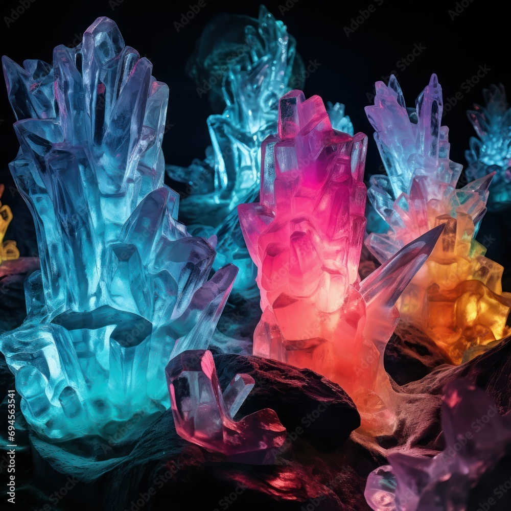 close-up view of a crystalline ice sculpture illuminated by vibrant ...