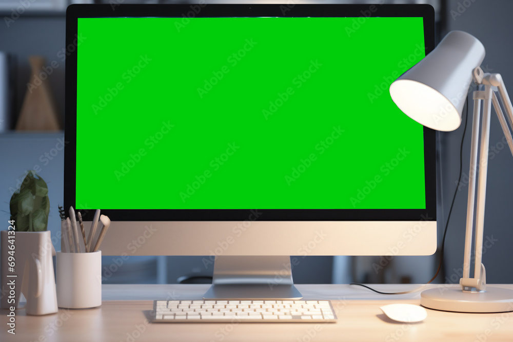 work desk with green screen monitor Stock Photo | Adobe Stock