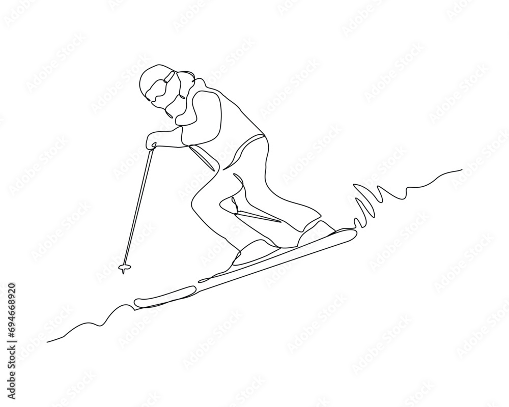 Continuous single line sketch drawing of man skier snow ski down and ...