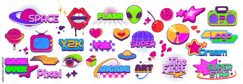 Y2k colorful abstract shape and sticker. Cartoon vector illustration ...