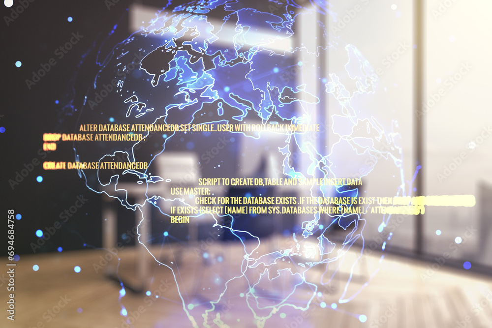 Double exposure of abstract programming language with world map and ...