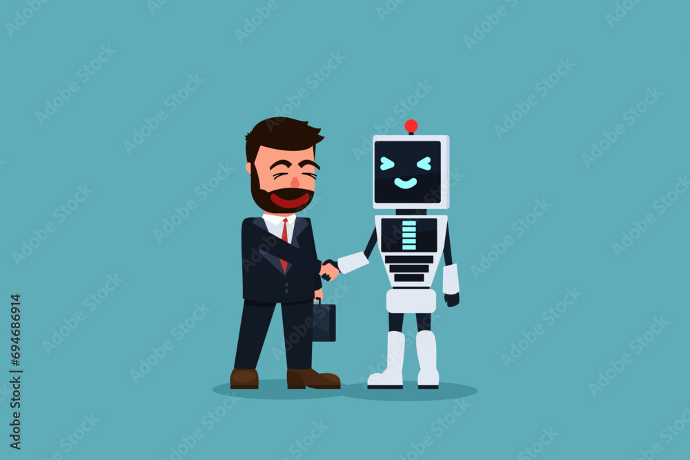 Businessmen and robot join hands to make a deal to make the business ...