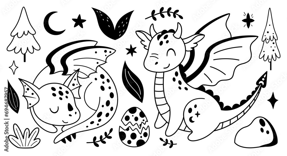 Black and white dragon clipart in cartoon flat style. Year of the ...