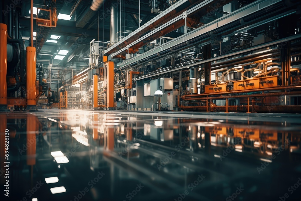 Industrial factory interior with modern machinery, equipment, conveyors ...