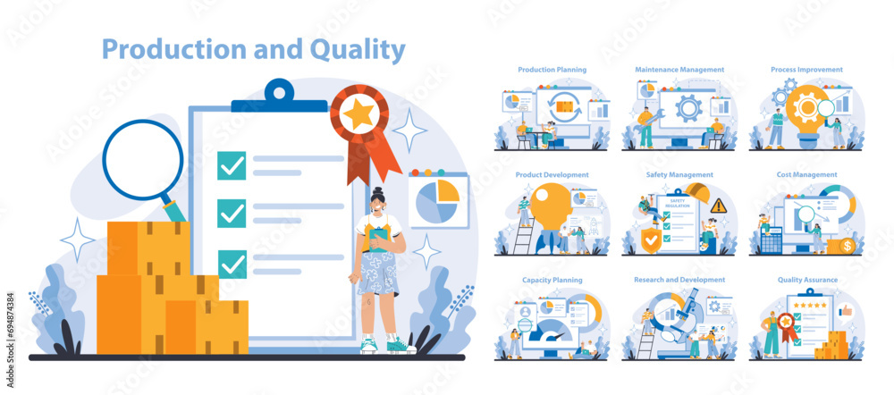 Production and Quality set. Detailed stages of operational processes ...