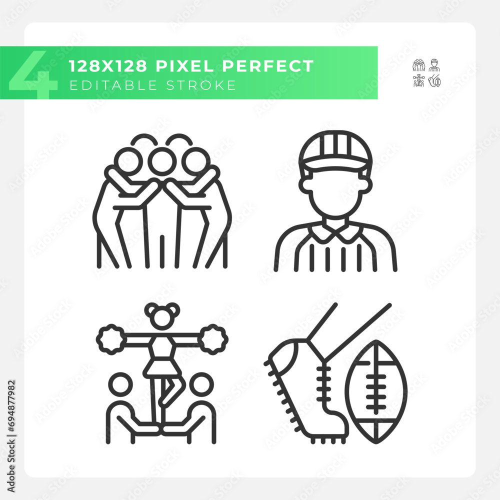 American football team linear icons set. Team huddle. Cheerleading ...