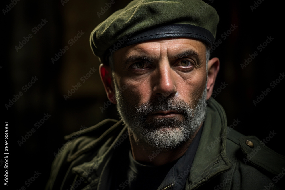 Revolutionary leader's portrait, urban decay background, intense eyes ...