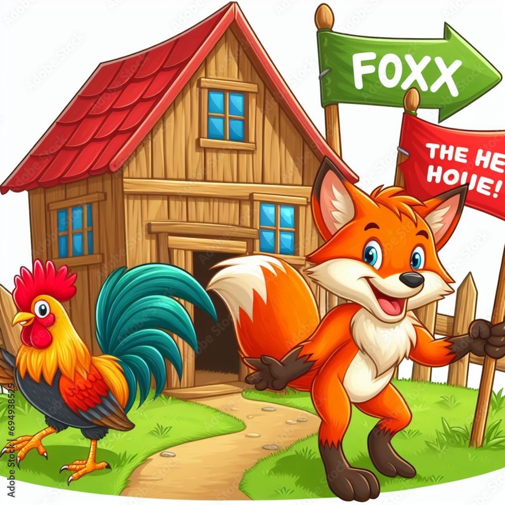 The fox is in the henhouse but, the rooster is standing by. cartoon ...