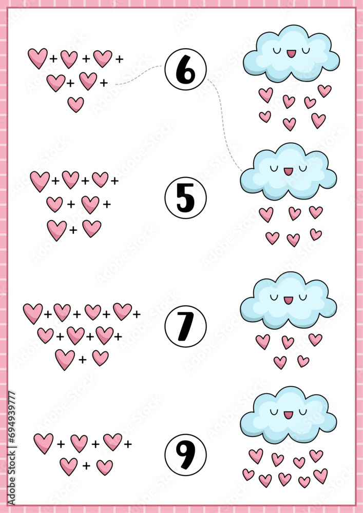 Saint Valentine matching game with cute kawaii clouds raining with ...