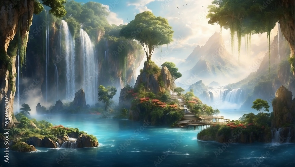 Ethereal animated archipelago, mystical hues, diverse floating flora ...