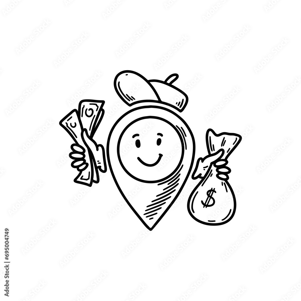 Cute line doodle bank location pin emoji. Freehand sketch pinpoint. Map ...