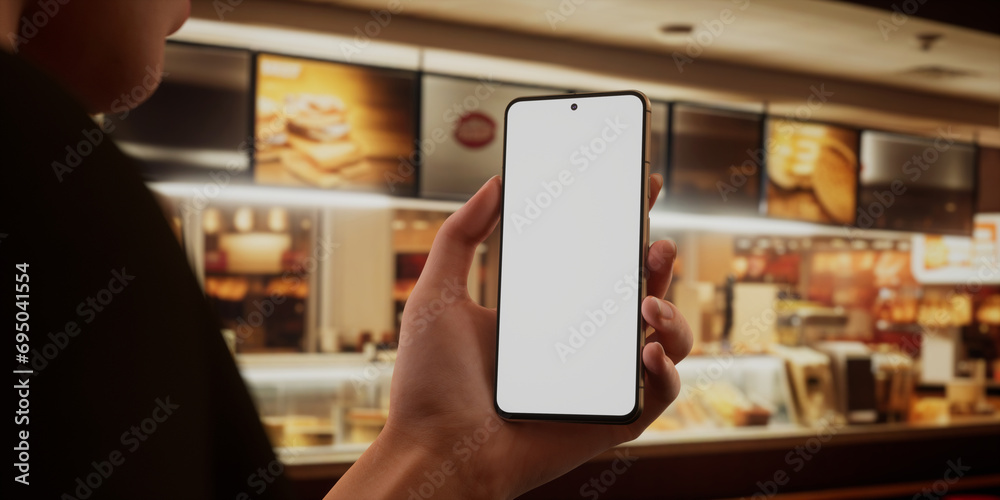 CU Photo of a person using herphone inside a fast-food restaurant ...
