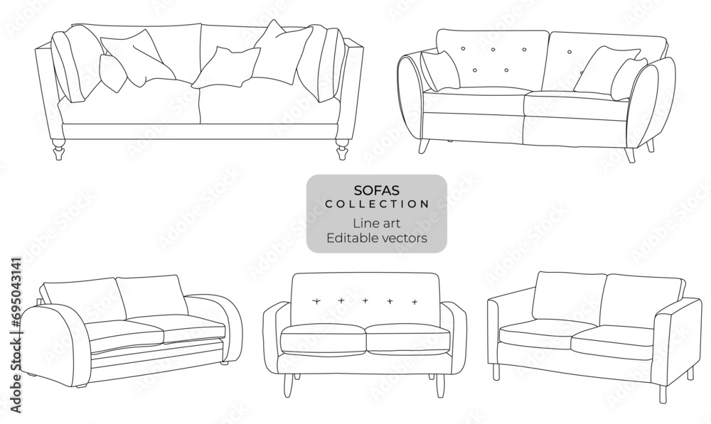 sofa hand drawn illustration, couch vector drawing two seater outline ...