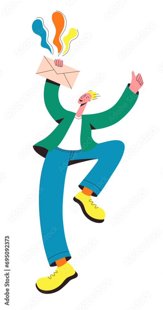 Happy man jumping and holding envelope with good news in paper letter ...